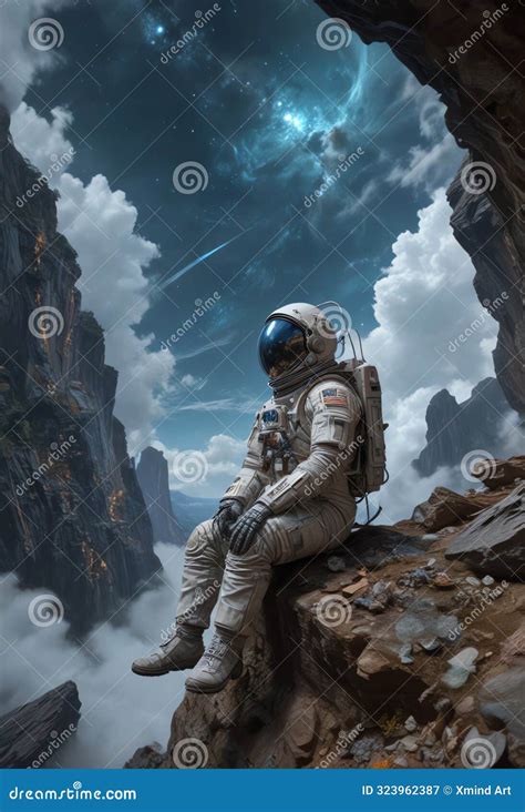 Astronaut In Futuristic Spacesuit Sitting On The Edge Of A Rocky Cliff