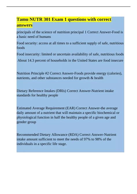 Tamu Nutr 301 Exam 1 Questions With Correct Answers Rn Nursing