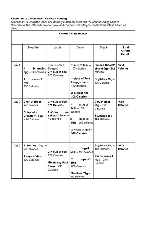 Chemistry For Engineering Lab Calorie Counting Worksheet Chem 114 Lab