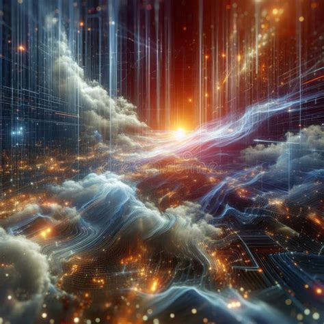 Abstract Digital Landscape With Glowing Streams And Data Waves Stock