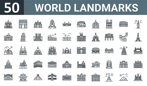 50 개요 웹 세계 랜드 마크 아이콘의 집합 세인트 바질의 대성당 아크 드 Triomphe 세인트 폴 대성당 기자 Kaaba 스코틀랜드 키예프 벡터 얇은 아이콘의 위대한