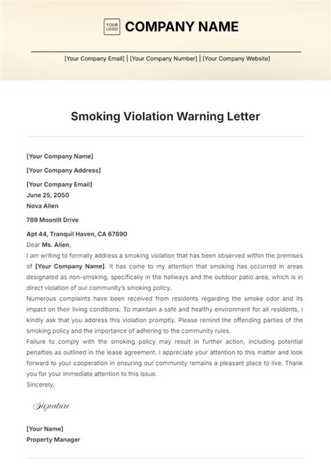 Free Smoking Violation Warning Letter Template To Edit Online