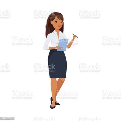 화이트 블라우스와 스커트를 입은 사무실 여성 캐릭터 클립 보드와 펜 벡터 일러스트레이션으로 스탠딩 포즈를 취하십시오 갈색 머리에