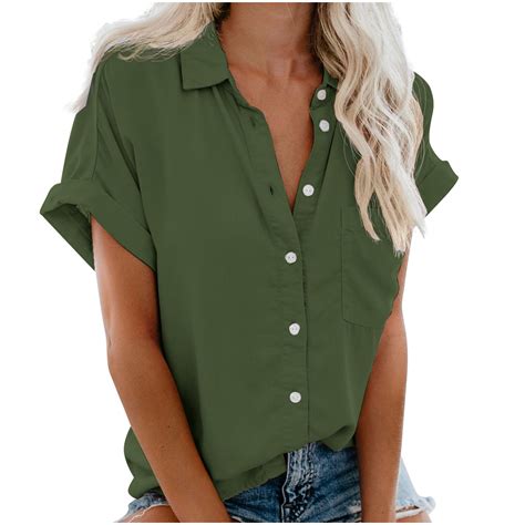 Faiwad Casual Button Down Tops For Women Short Cap Sleeve Collared