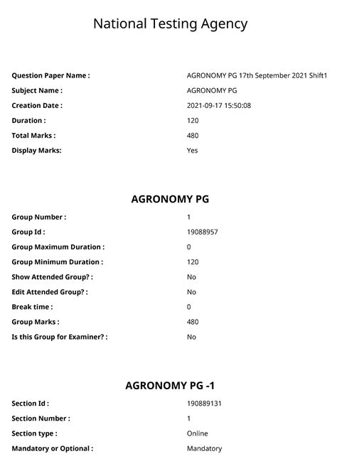 Agronomy Icar Pg2021 National Testing Agency Question Paper Name