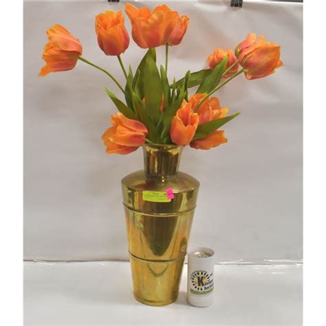 Large Brass Floor Vase With Silk Tulip