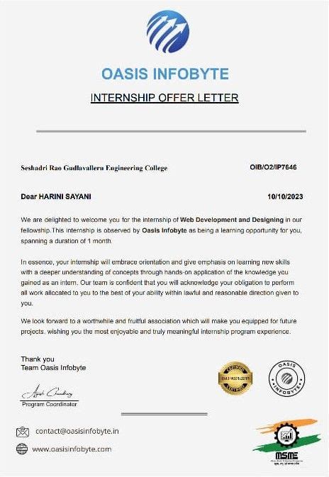 Harini Sayani On Linkedin Oasisinfobyte Htmlcss Webdeveloper