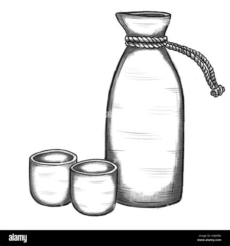 Sake Bottle And Glass Japanese Traditional Food Or Drink With Sketch