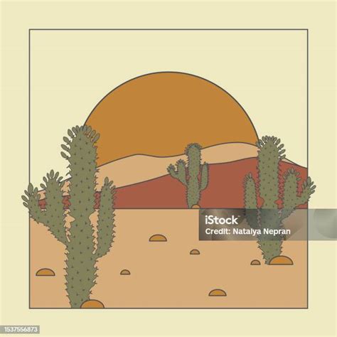 Ilustrasi Estetika Minimalis Dengan Kaktus Di Padang Pasir Ilustrasi