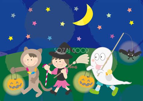 かわいいハロウィンの仮装をした子供たちが、お菓子をもらいに歩く秋のイラスト33314 素材good