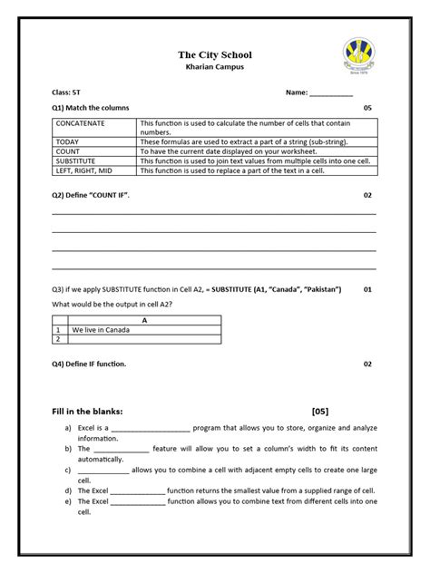 Class 5 Analysing Data Worksheet Pdf Microsoft Excel Function