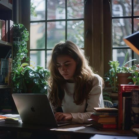 College Girl Working On Her Laptop After Lessons Premium AI Generated Image