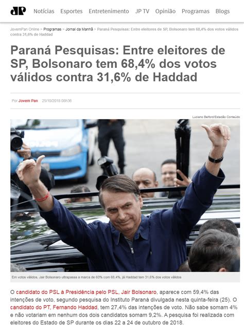 Jovem Pan divulga pesquisa realizado no Estado de São Paulo sobre o SEGUNDO TURNO das eleições