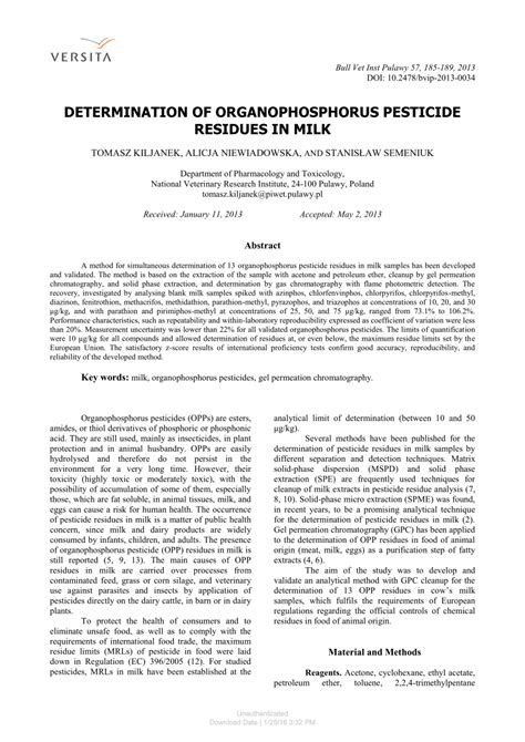 Pdf Determination Of Organophosphorus Pesticide Residues In Milk
