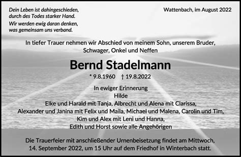 Traueranzeigen Von Bernd Stadelmann ZVW Trauer