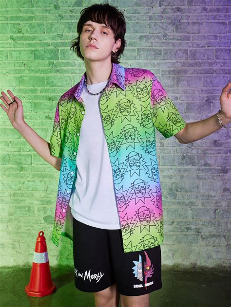 Rick And Morty ROMWE Guys Ombre Figure Print Shirt SHEIN UK