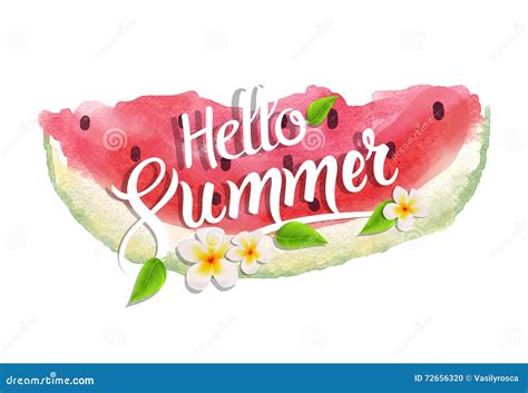 Hello Summer Lettering Typography With Watercolor Watermelon Stock