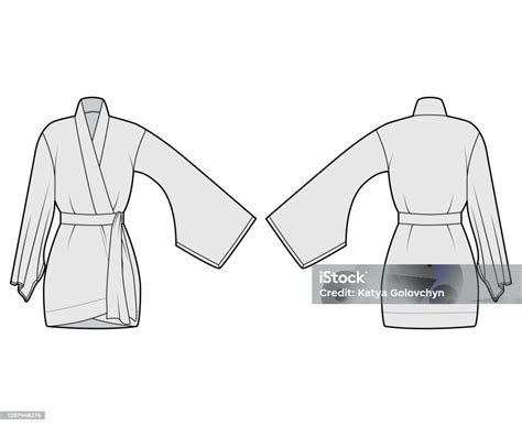 긴 와이드 슬리브가 있는 기모노 가운 테크니컬 패션 일러스트 허리를 움켜들이는 벨트 무릎 위 길이 검은색에 대한 스톡 벡터 아트 및 기타 이미지 Istock