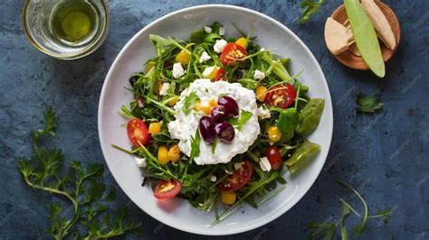 Vegetable Roka Salad With Feta White Cheese Green Salad Tomatoes And Olives Premium Ai