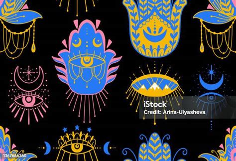 Mystic Seamless Pattern Hamsa Dan Simbol Mata Jahat Sihir Esoteris