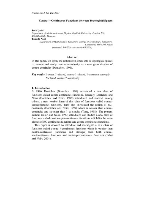 Pdf Contra T Continuous Functions Between Topological Spaces