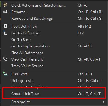 Visual Studio How To Add Shortcut For Create Unit Test Method Stack