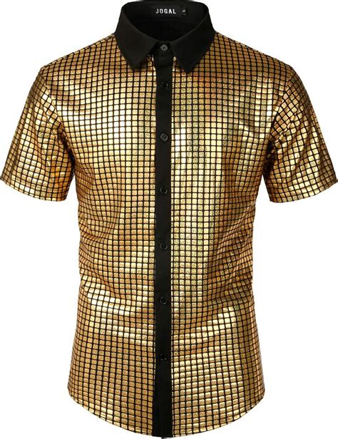 Jogal Mens Dress Shirt Sequins Button Down Short Sleeve Shirts 70s
