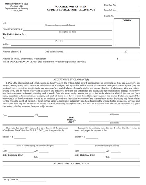 Sf 1145 Form Voucher For Payment Under Federal Tort Claims Act Sf Forms