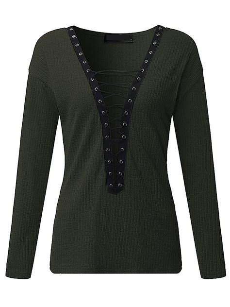 Sexy Women Lace Up Long Sleeve Plunge V Neck Sweater