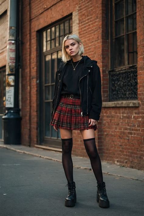 Grunge Revival 32 Fall Outfits With Plaid Skirt And Combat Boots