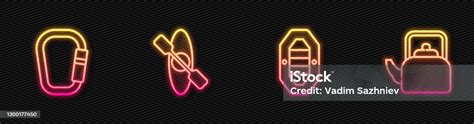 세트 라인 래프팅 보트 카라비너 카약 또는 카누와 주전자손잡이 빛나는 네온 아이콘 벡터 강에 대한 스톡 벡터 아트 및 기타