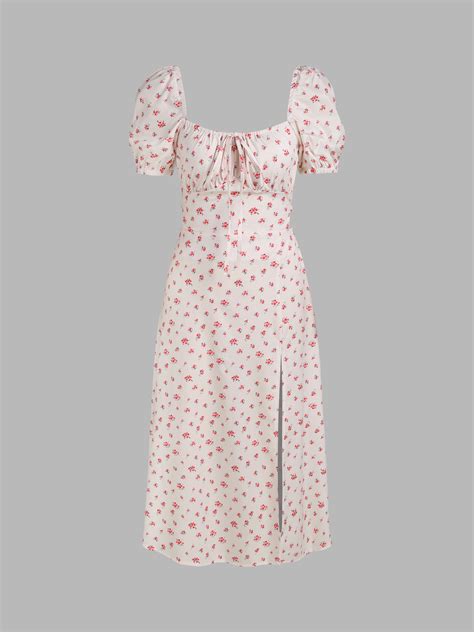 Ditsy Floral Drawstring Backless Slit Dress Cider