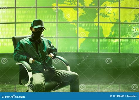 Hacker Sitting At The Desk With Binary Codes On Transparency Royalty