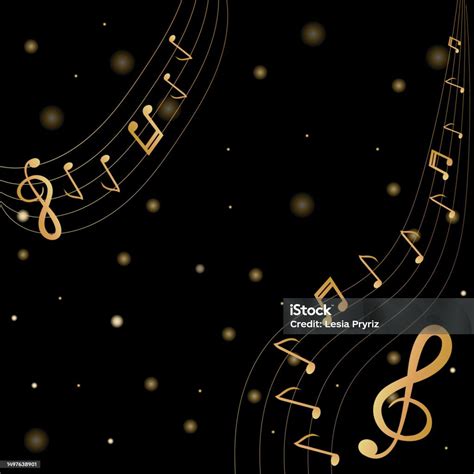 음자리표와 음표가 있는 음악적 배경과 검은색 배경에 금색 톤의 3d 효과 Classical Concert에 대한 스톡 벡터 아트