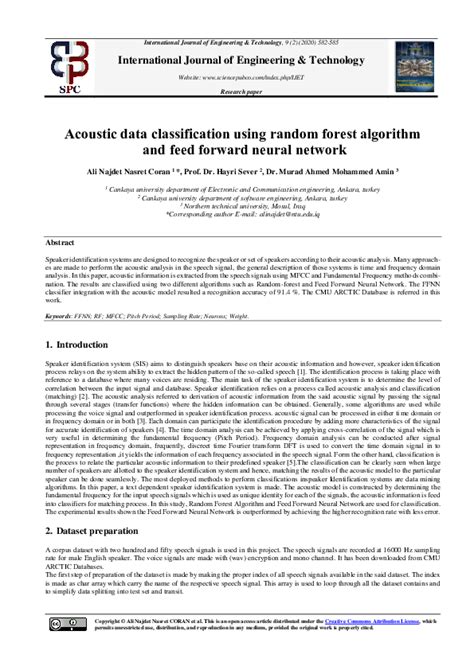 Pdf Acoustic Data Classification Using Random Forest Algorithm And Feed Forward Neural Network