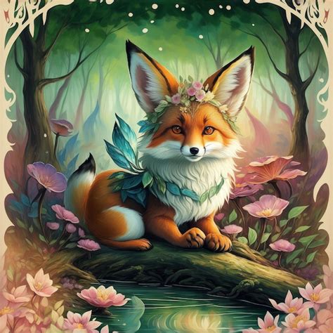 Premium Photo Cute Small Fox Sitting In Magic Forest In Night Flowers And Lights At Background