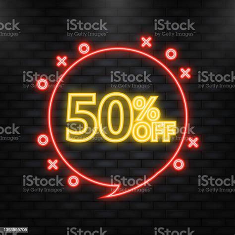 네온 아이콘 프로모션 디자인을위한 50 할인 플랫 배지가있는 트렌디 한 평면 광고 포스터 배지 비즈니스 디자인 벡터 일러스트