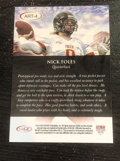 2012 Sage Hit Artistry Nick Foles Art 4 Gold Rc For Sale Online Ebay