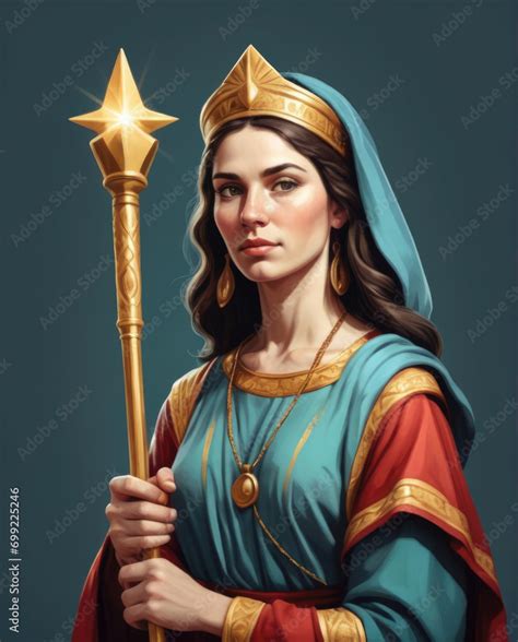 Realistic Flat Illustration Of Esther With Scepter Bright And Bold Chromatic Palette High