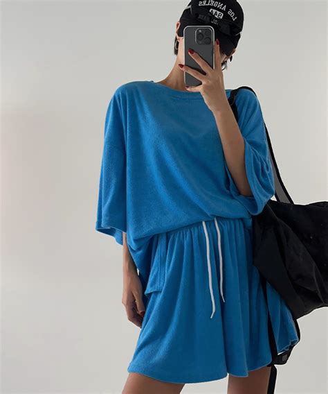 빅사이즈 오버핏 루즈핏 남녀공용 테리 타월 티셔츠 팬츠 비치웨어 셋업 수영복 세트 에이블리