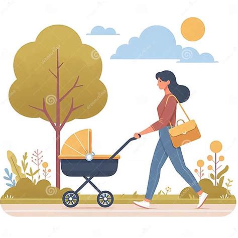 Mother Pushing A Stroller In A Park Flat Style On White Background