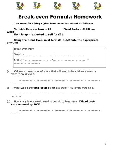 Introduction To Break Even Formula Calcualtion Teaching Resources
