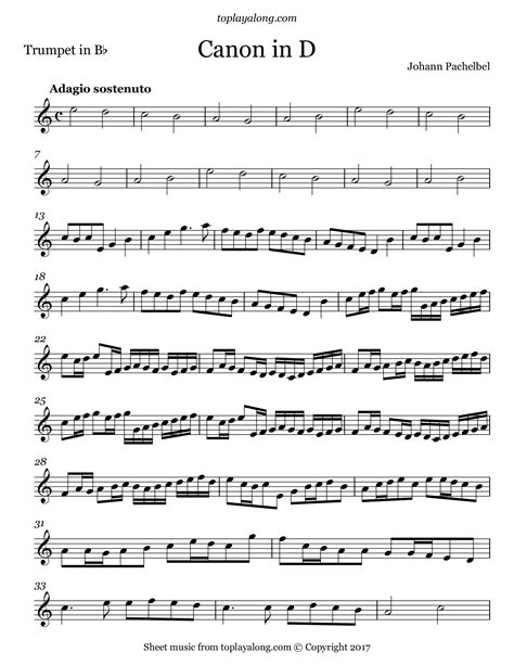 Canon In D Sheet Music Johann Pachelbel Clarinet Solo