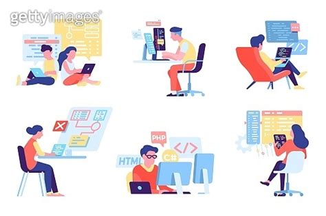 Programmers People Developers At Workplace Html And Php Coding It