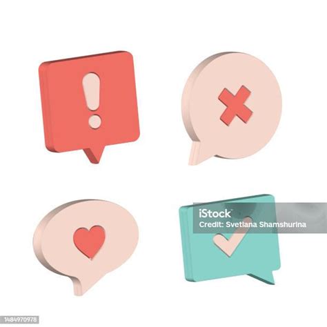 사실적인 3d 말풍선 세트 채팅 메시지 알림 아이콘 모음 현실적인 대화 거품 커뮤니케이션 하트가 있는 소셜 미디어 텍스트 풍선 느낌표 십자가 확인 표시 벡터 0명에 대한