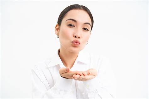 Free Photo Close Up Portrait Of Cute Office Lady Sends Air Kiss On