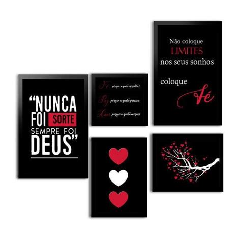 Kit 5 Quadros Decorativos Moldura Nunca Foi Sorte Sempre Foi Deus