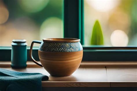 Premium Photo A Ceramic Vase Sits On A Window Sill In Front Of A Window