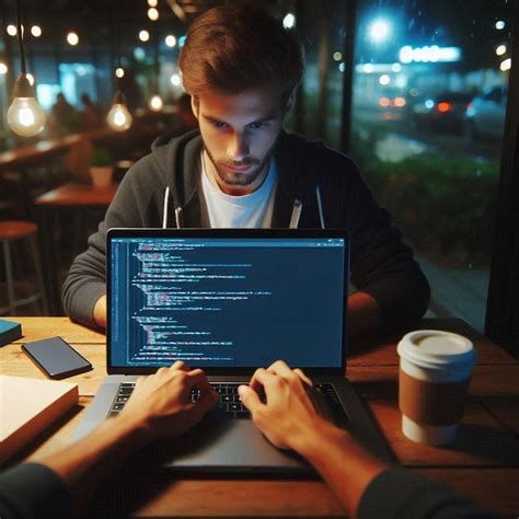 Premium Photo Programmer Debugging Code At A Coffee Shop At Night