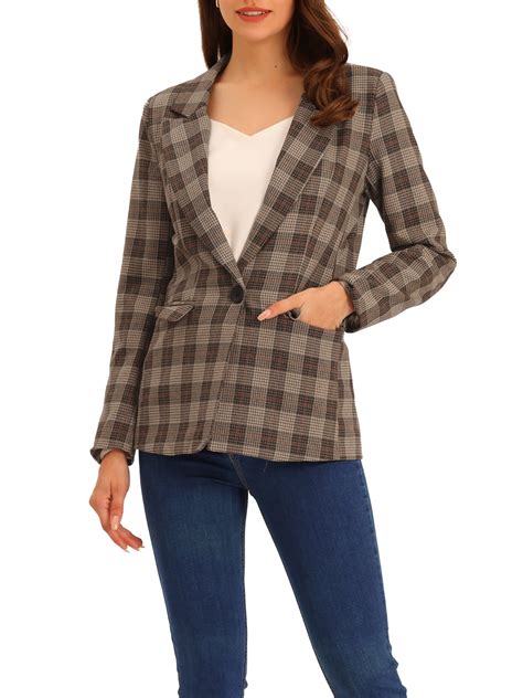 Unique Bargains Womens Plaid Notched Lapel One Button Blazer Jacket M